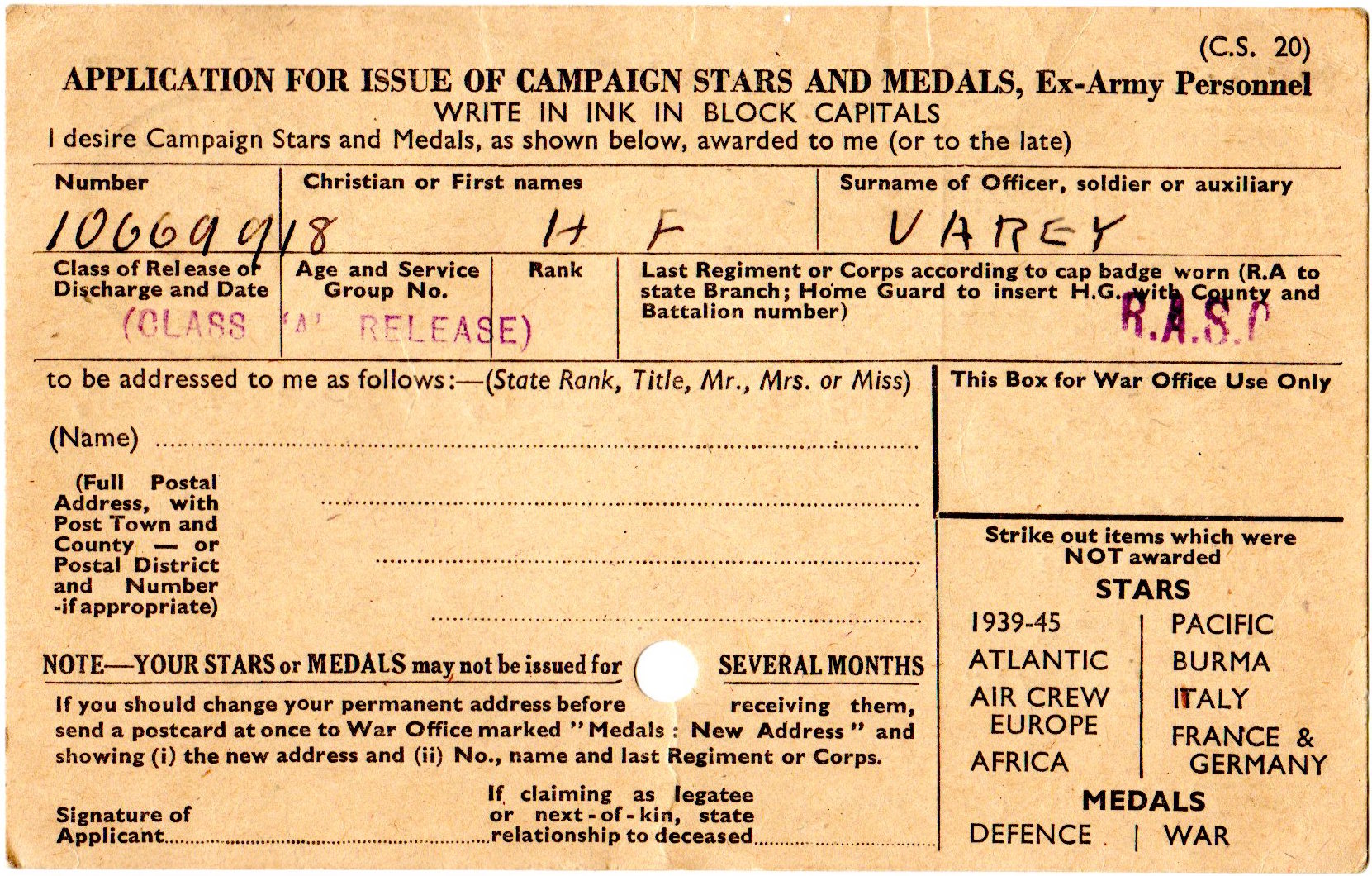 WW2 (C.S. 20) Army Medal Cards – Information from Freedom of ...